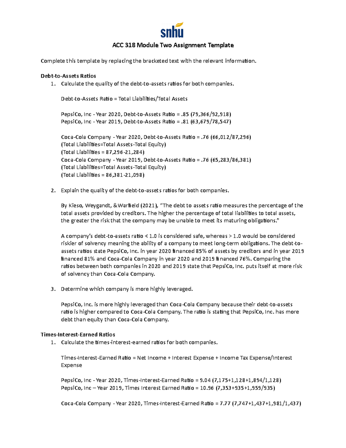 ACC 318 Debt-to-Assets & Times-Interest-Earned Ratio Analysis - Studocu