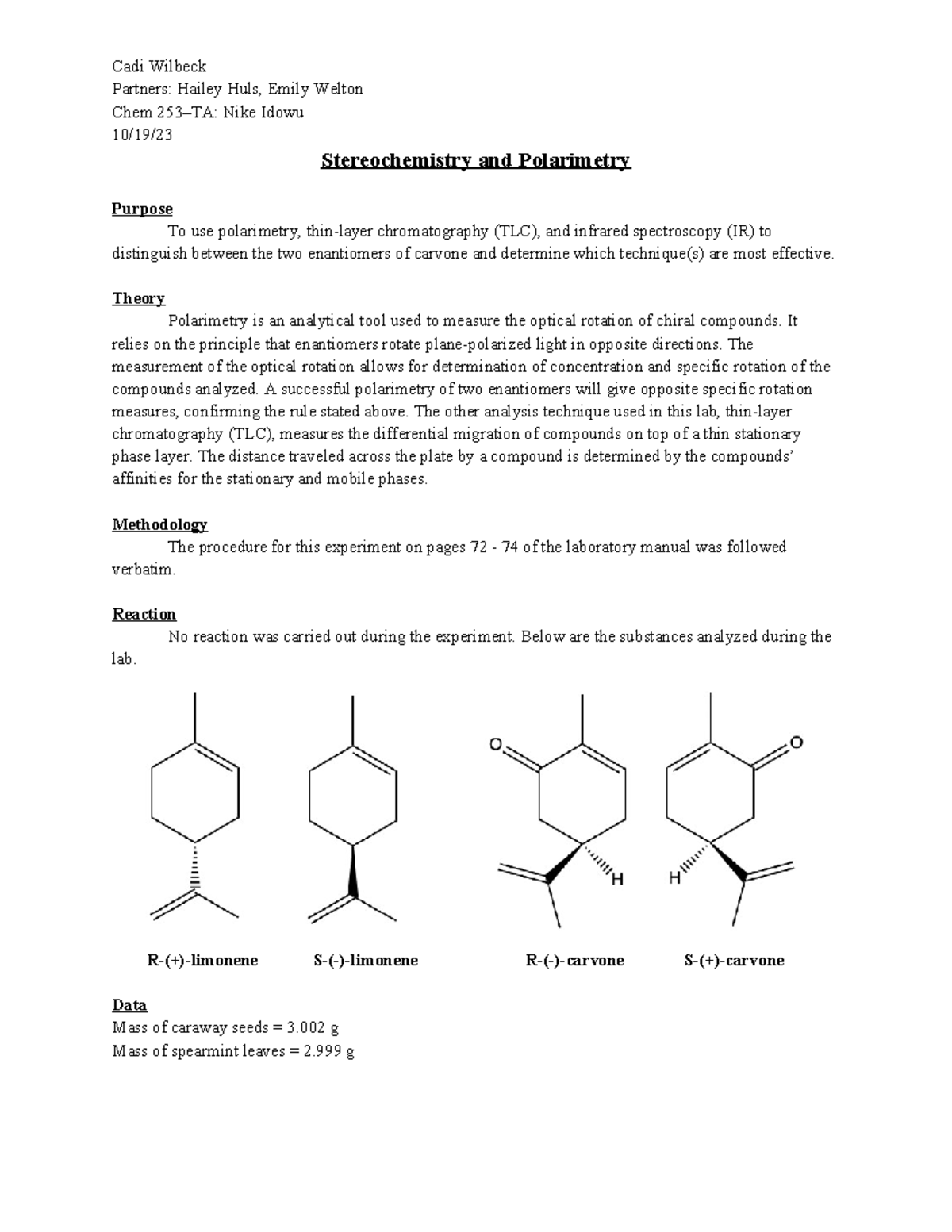 Chem 253 Exp. 9 Final Exam: Stereochemistry and Polarimetry Analysis ...