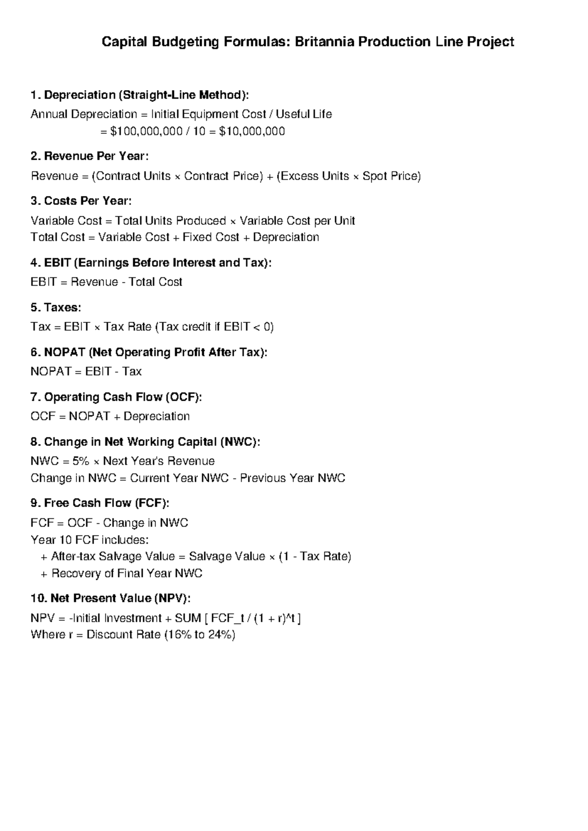 Britannia Capital Budgeting Formulas: Key Calculations & Concepts - Studocu