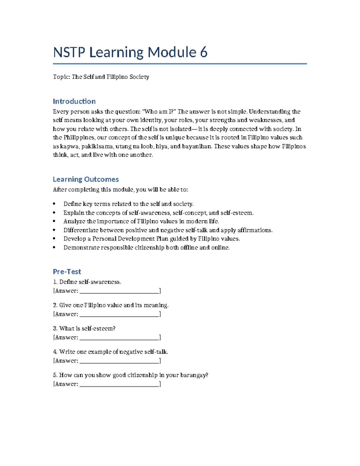 NSTP Learning Module 6: Understanding the Self in Filipino Society ...