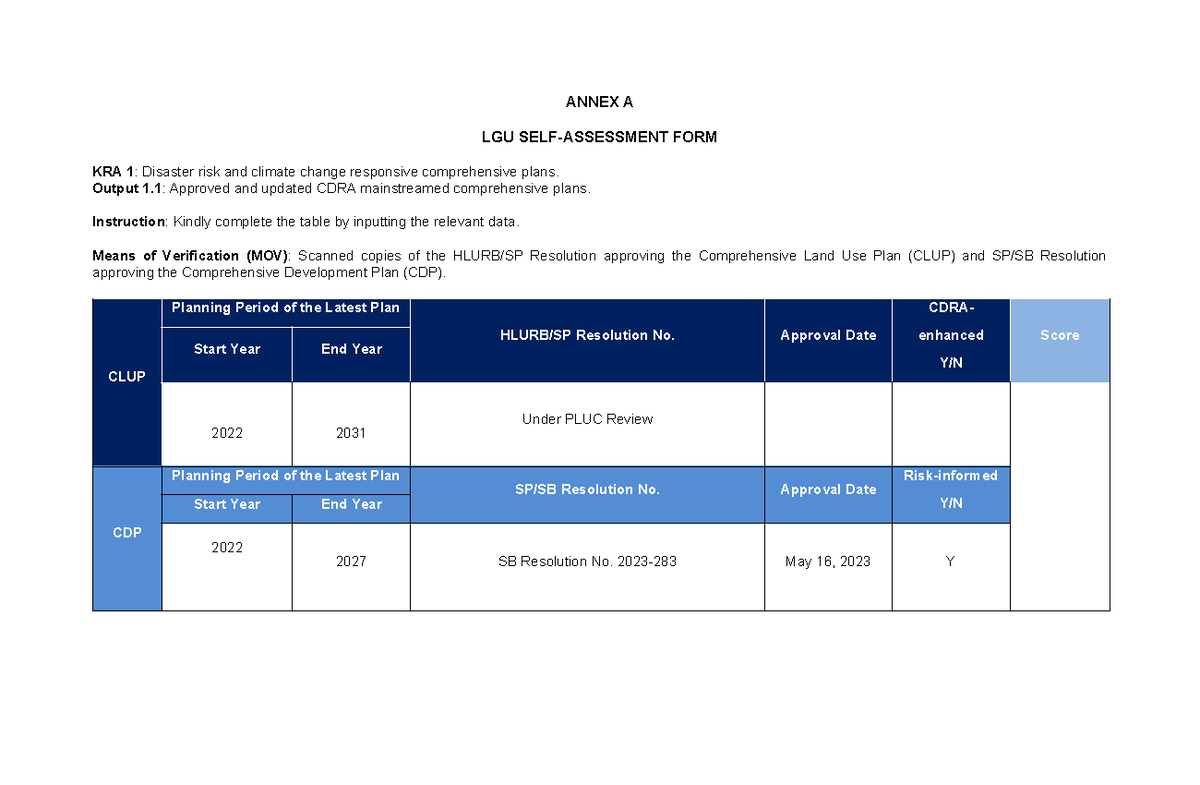 SELF Assessment FORM - Good governance - ANNEX A LGU SELF-ASSESSMENT ...