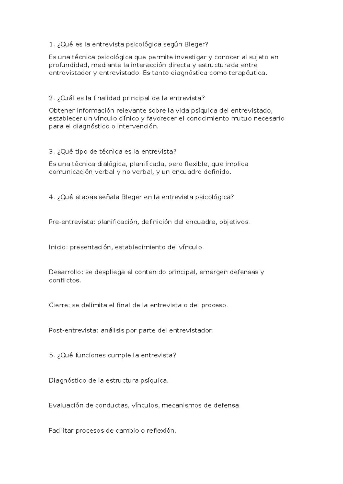 Bleger - Resumen de la Entrevista Psicológica y sus Técnicas - Studocu