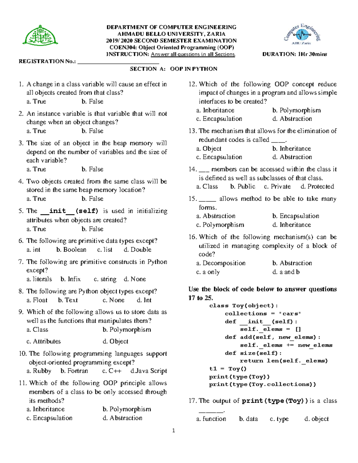 COEN304: OOP Final Exam Questions - 2020 Semester - Studocu