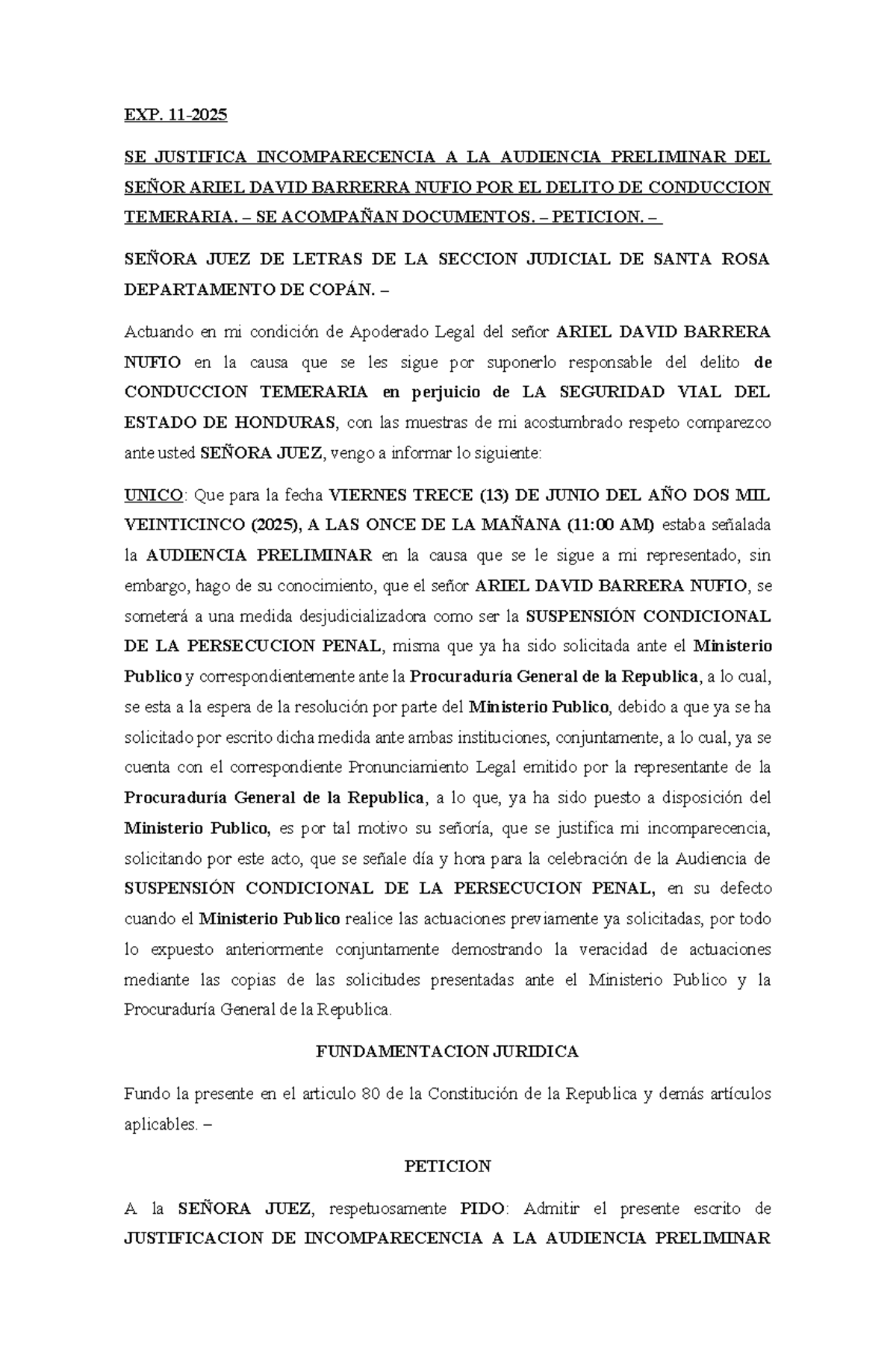 Justificación de Incomparecencia a la Audiencia Preliminar - Causa ...