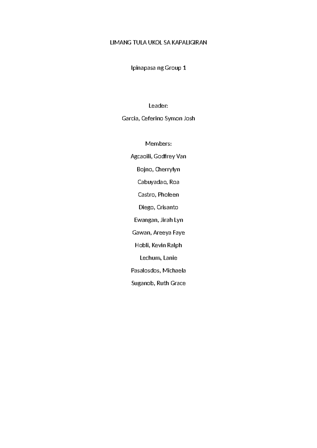 LIMANG TULA UKOL SA KAPALIGIRAN: Soslit Activity 2 Group 1 - Studocu