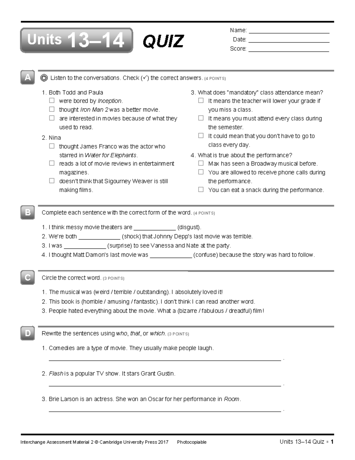 Inglés Exam - Interchange Assessment Units 13-14 Quiz 1 - Studocu