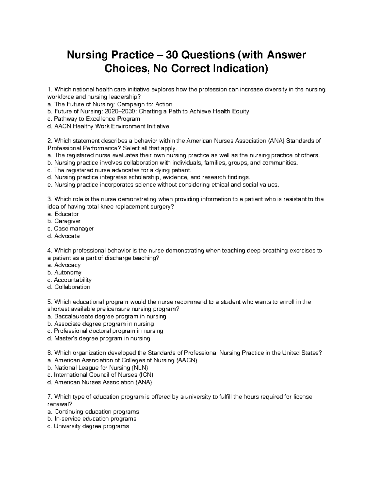 Nursing Practice Quiz: 30 Questions with Answer Choices - Studocu