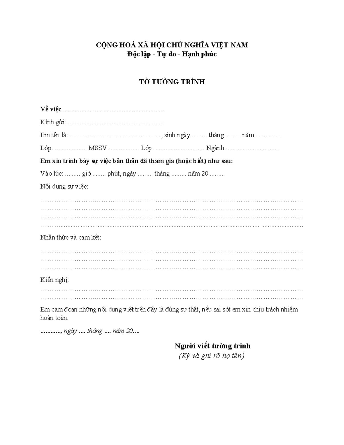 Mẫu Bản Tường Trình - CỘNG HOÀ XÃ HỘI CHỦ NGHĨA VIỆT NAM - Studocu