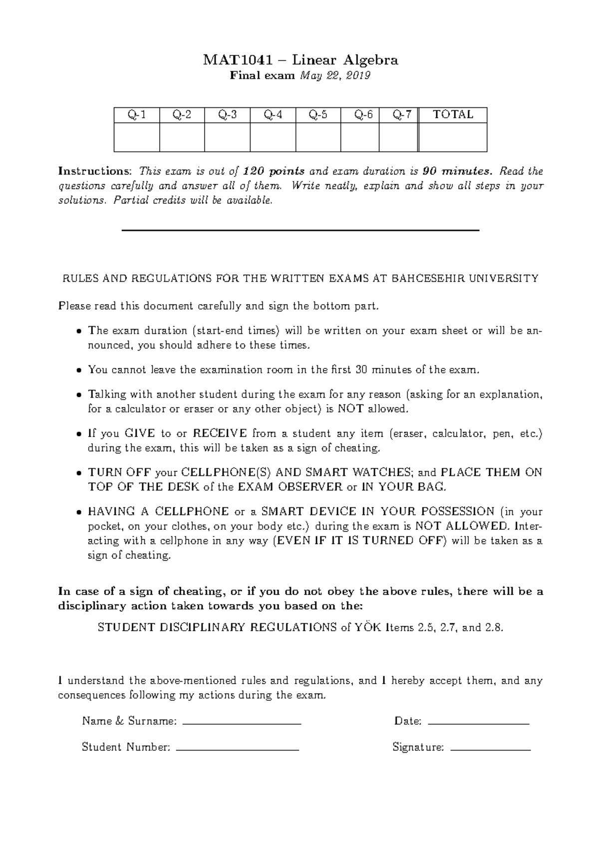 MAT1041 Linear Algebra Final Exam Guidelines and Sample Questions - Studocu