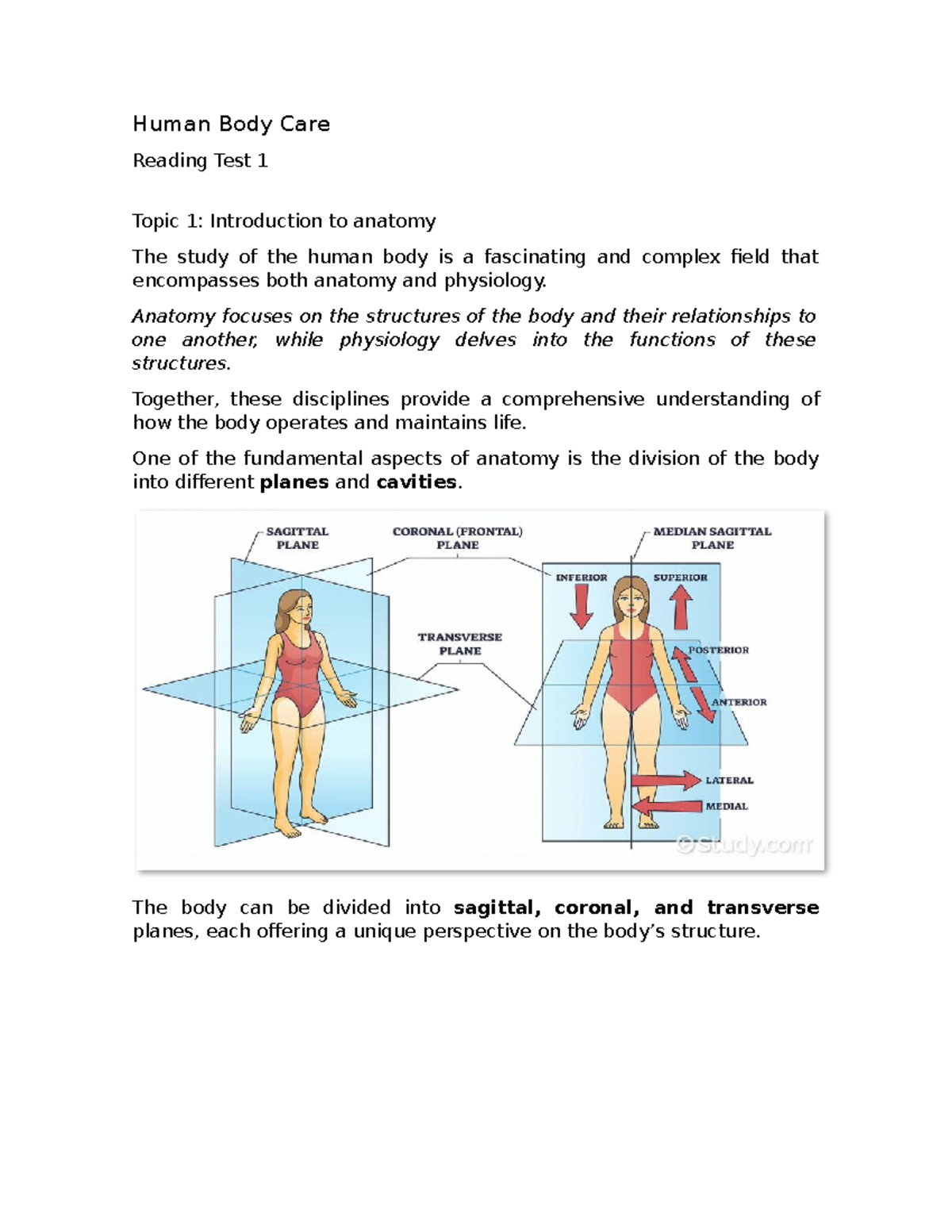 Human Body Care Reading test - Human Body Care Reading Test 1 Topic 1 ...