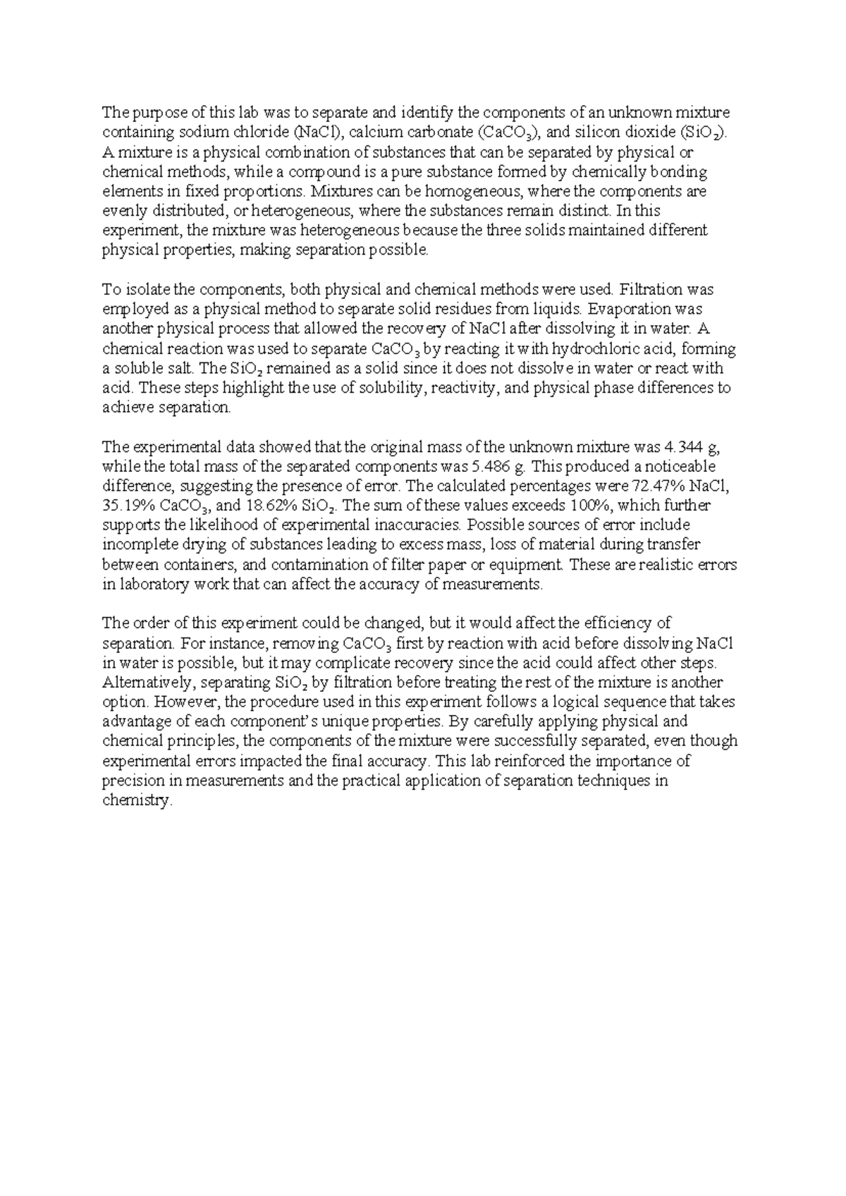 Lab Report: Separation of Mixture Components (Chem 101) - Studocu