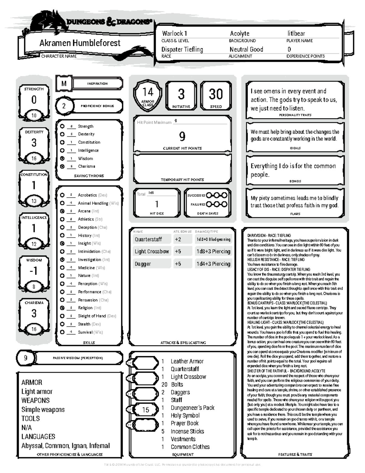 Akramen Humbleforest: Dispater Tiefling Warlock Character Sheet - Studocu