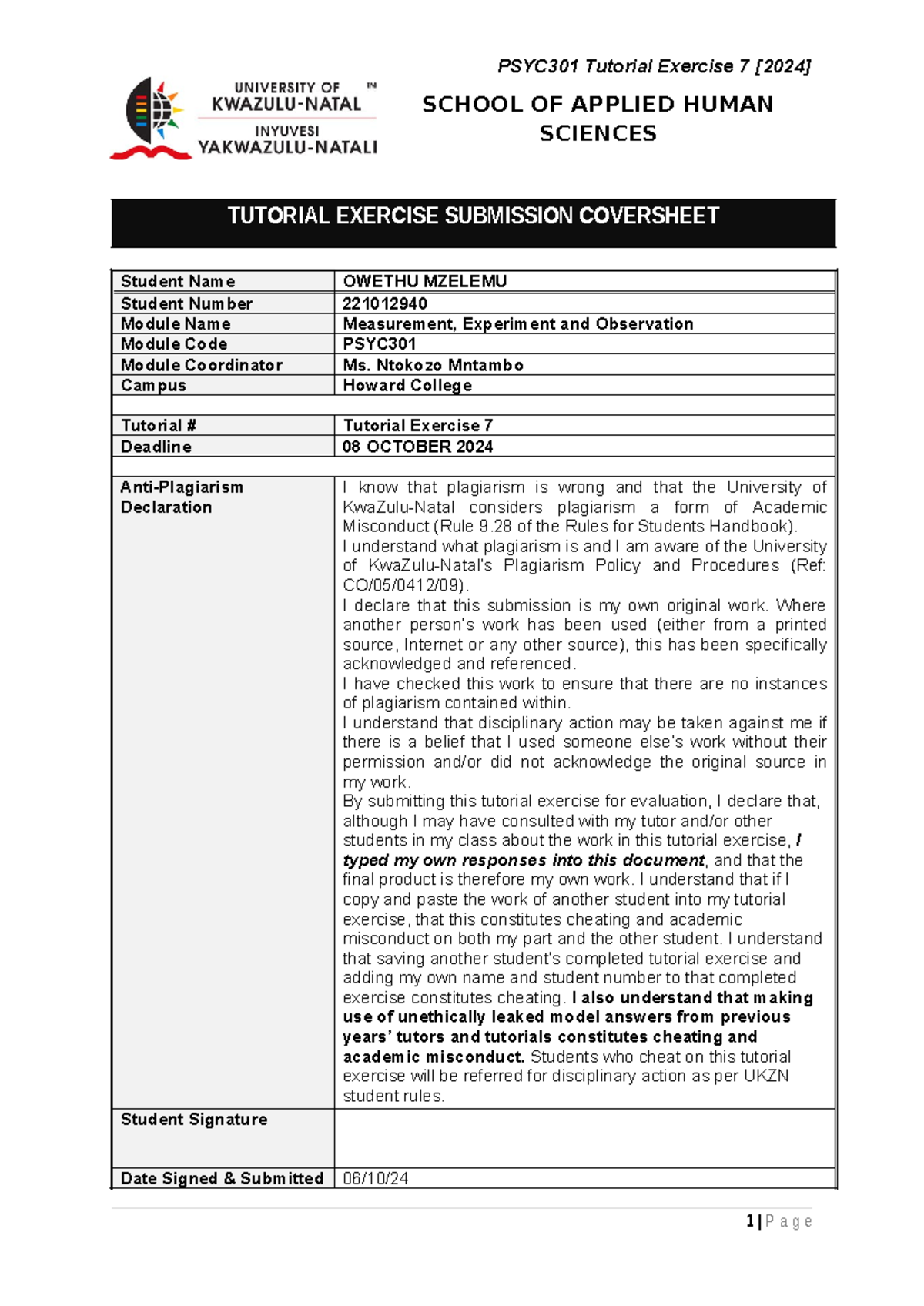 PSYC301 Tutorial Exercise 7: Measurement, Experiment & Observation 2024 ...