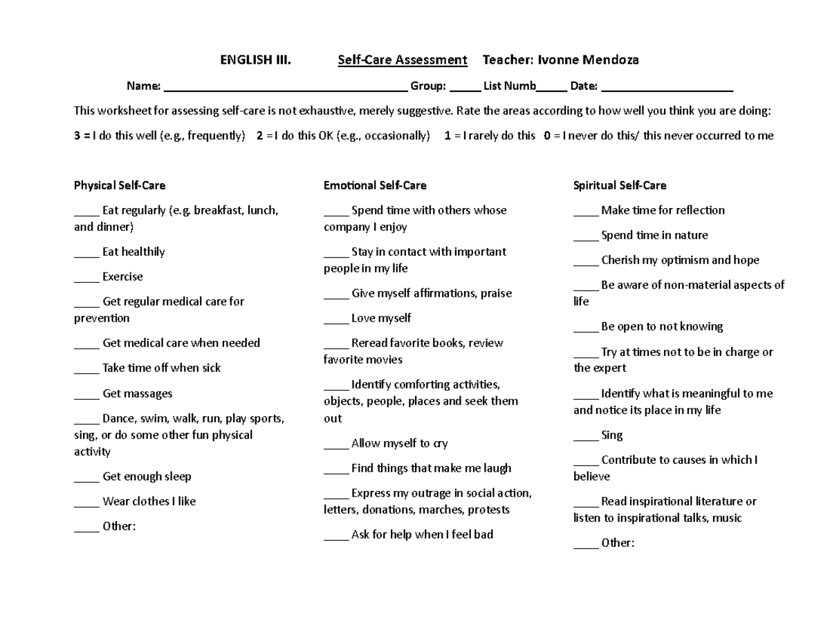 ENGLISH Self-Care Assessment Test by Ivonne Mendoza - Studocu