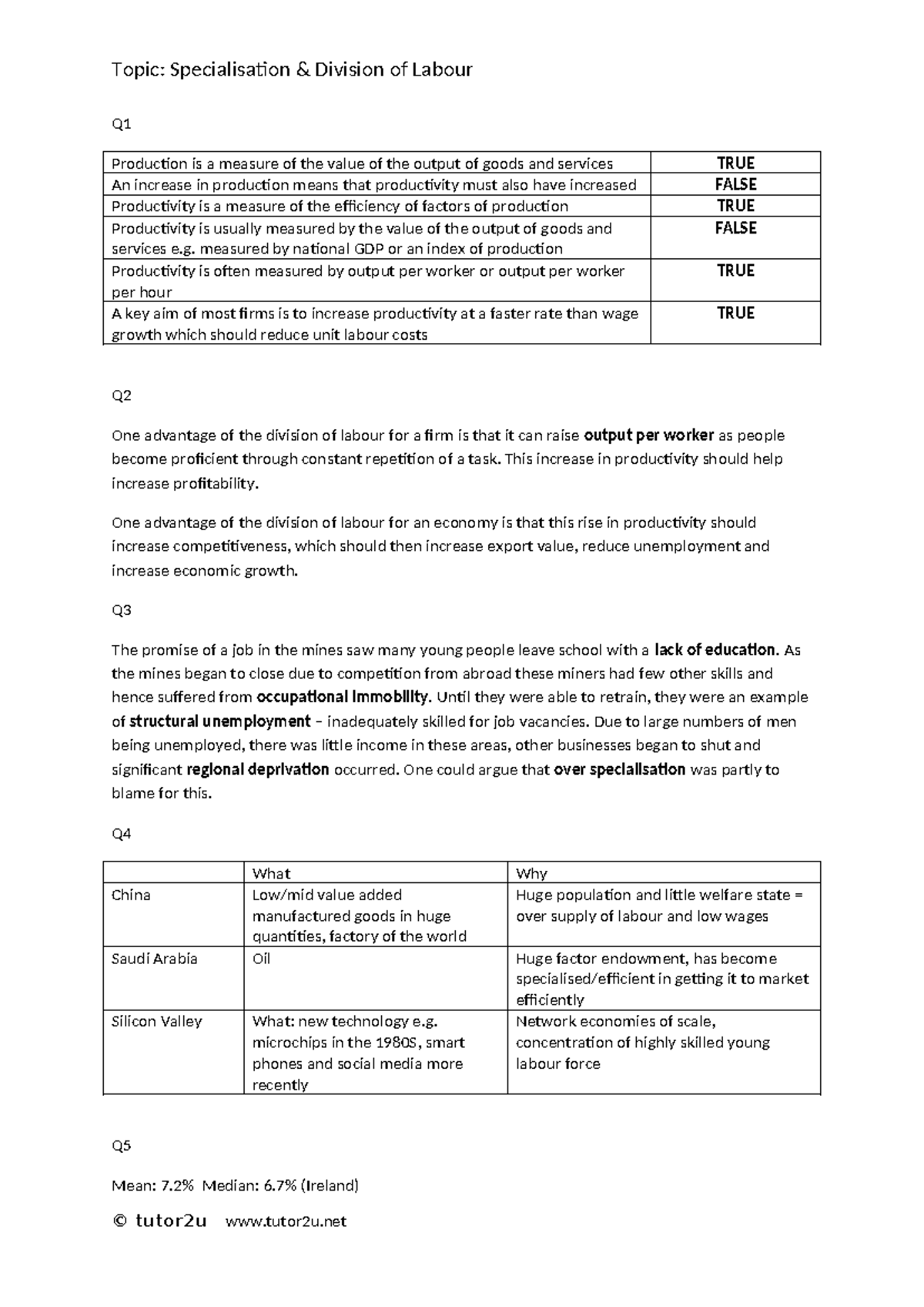 03b) Specialisation & Division of Labour - Study Guide Answers - Studocu
