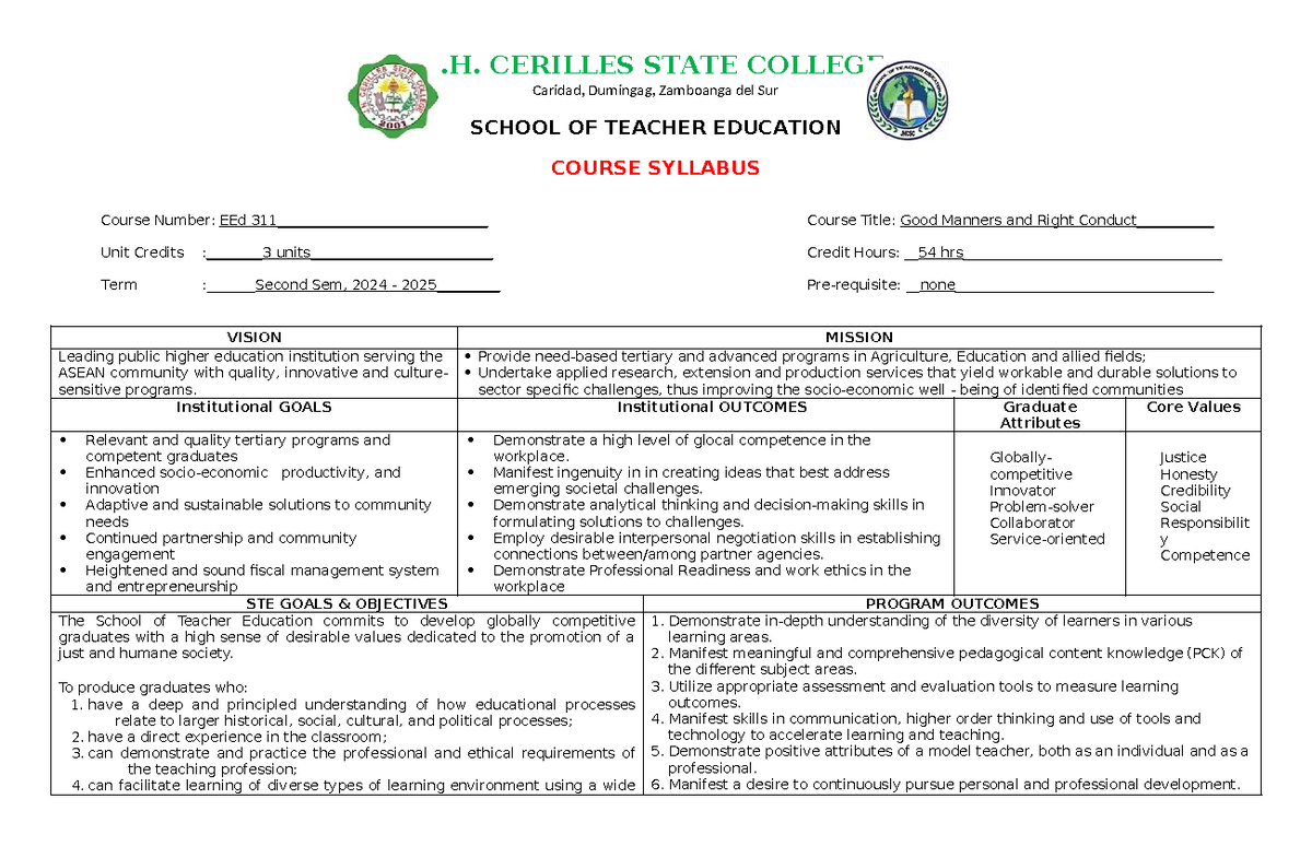 GMRC Syllabus for BEED EEd Course - Second Sem 2024-2025 - Studocu
