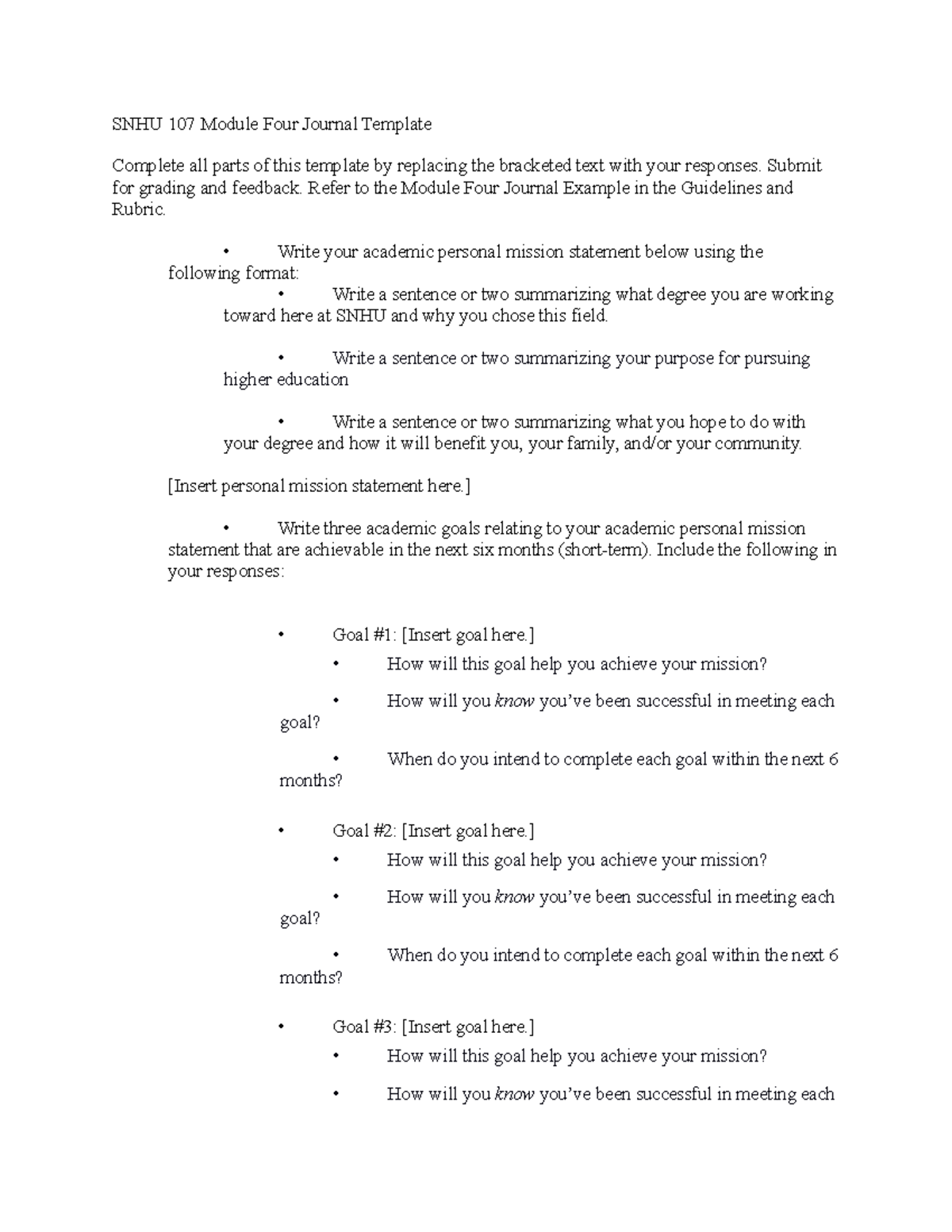 SNHU 107 Module Four Academic Personal Mission Statement Template - Studocu