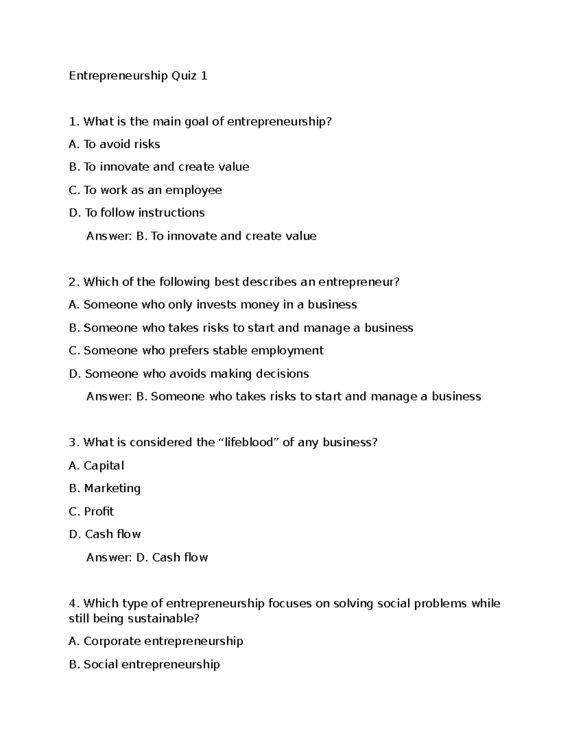 Entrepreneurship Quiz 1: Key Concepts and Definitions - Studocu