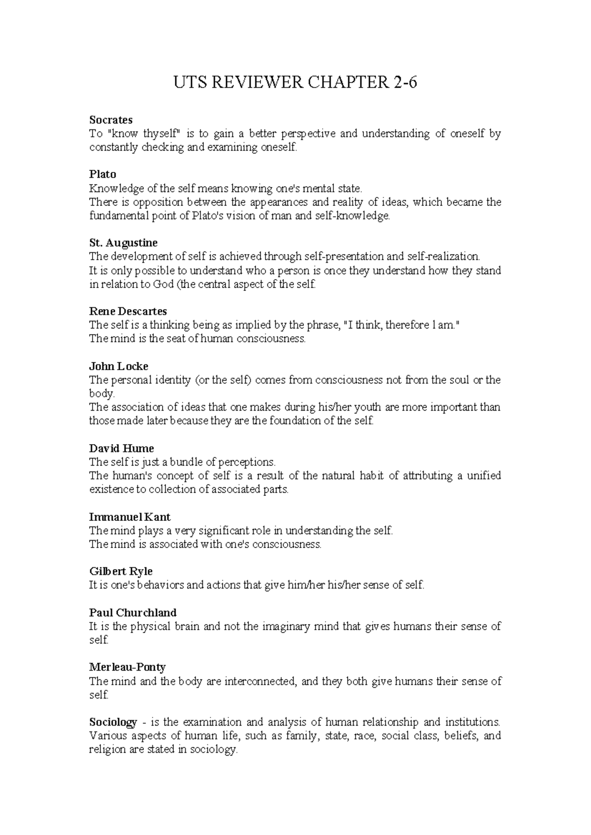 UTS Reviewer: Chapter 2 - Understanding the Self in Philosophy and ...