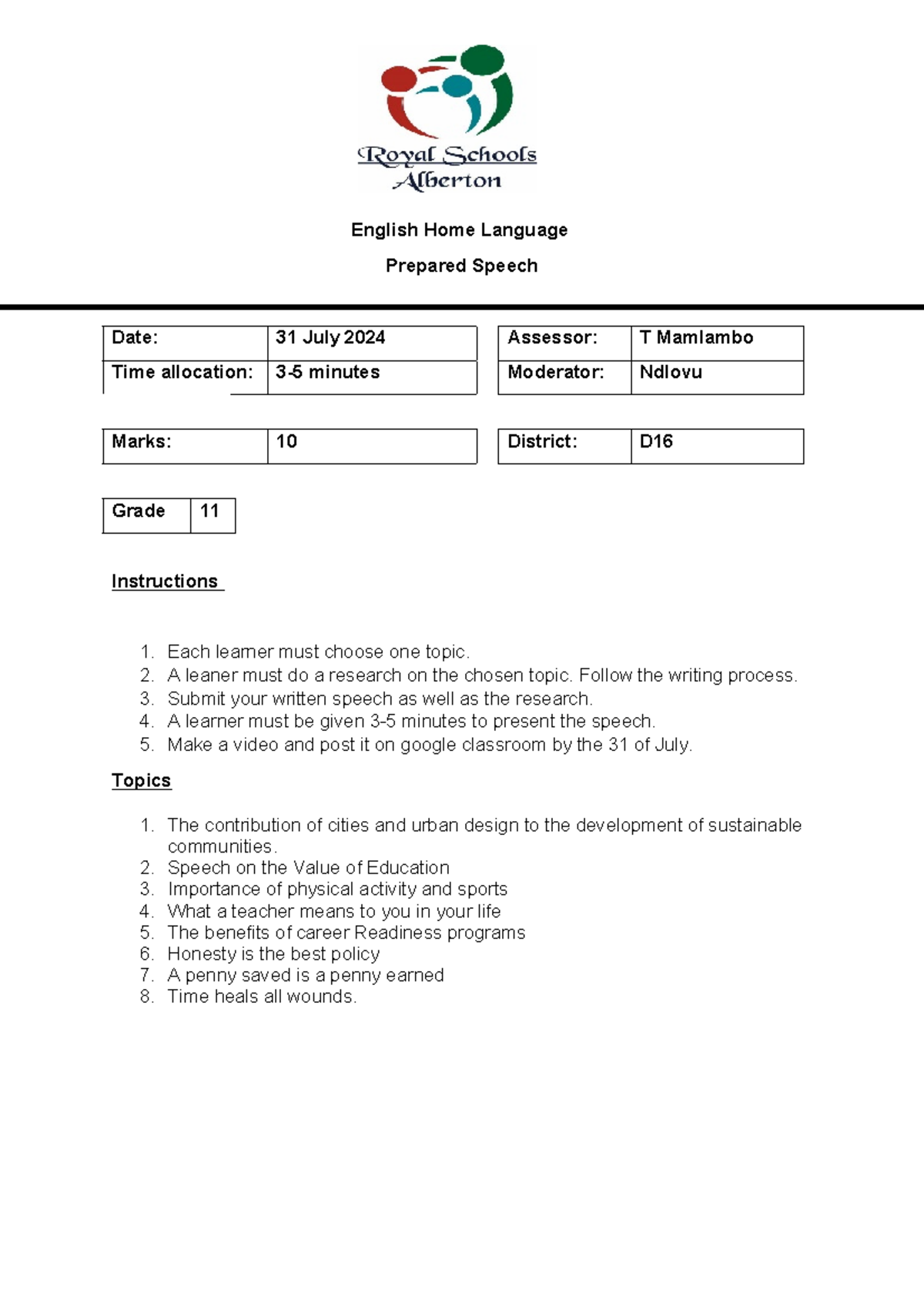 Prepared speech - English - English Home Language Prepared Speech Date ...