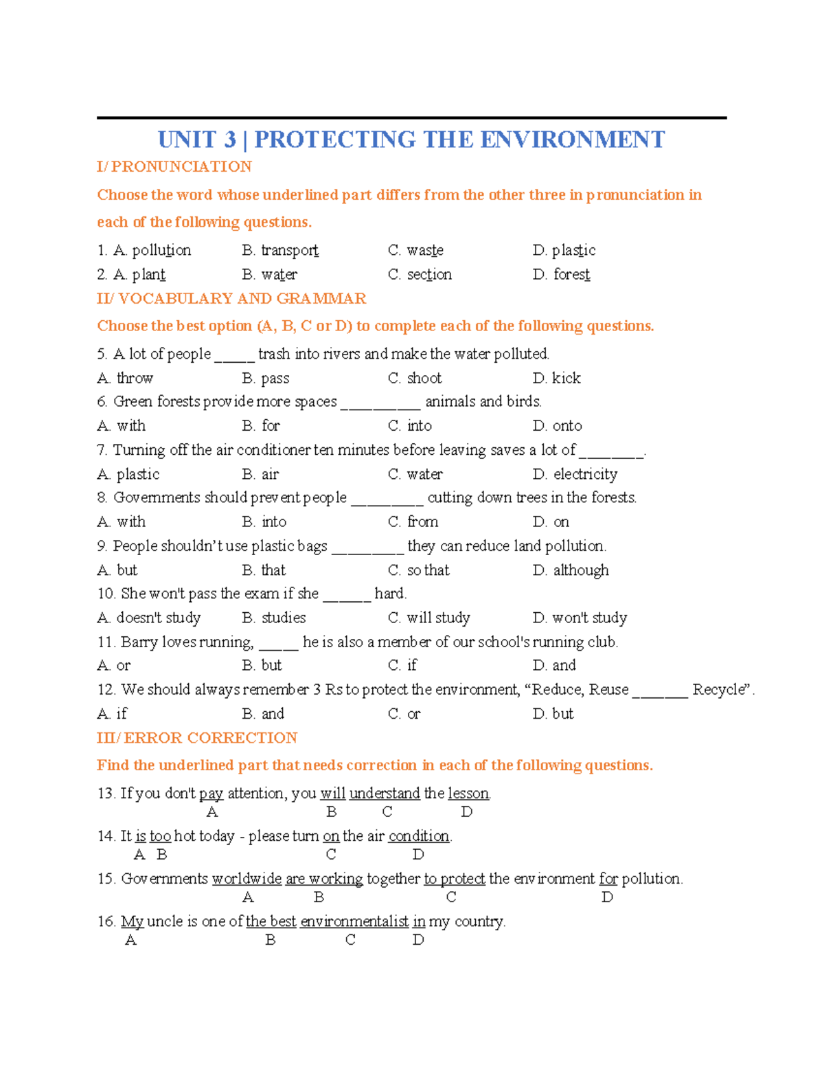 BAI TAP UNIT 3 - PROTECTING THE ENVIRONMENT PRONUNCIATION & VOCABULARY ...