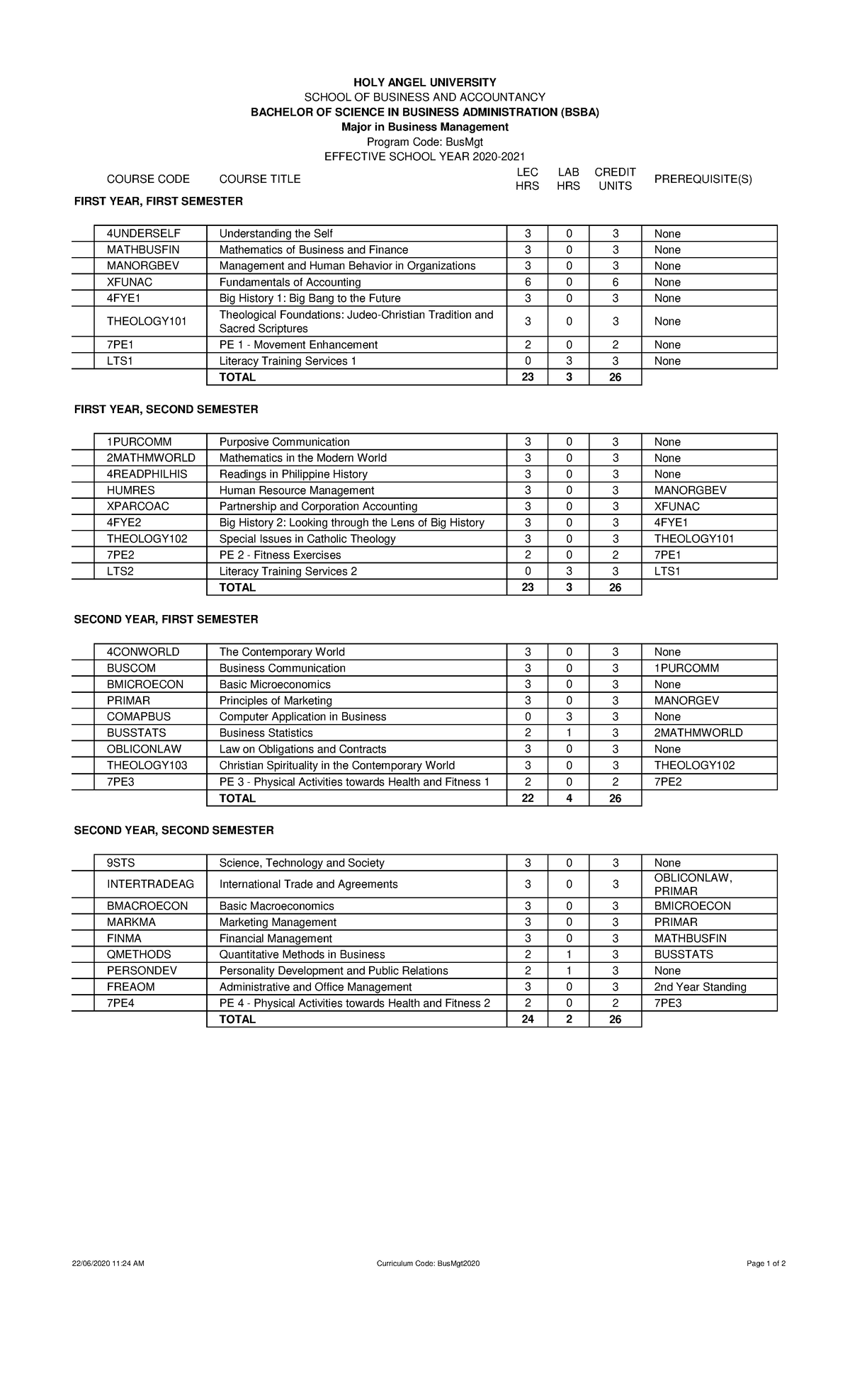 BSBA Busmgmt 2020-2021 Curriculum Overview and Course Details - Studocu