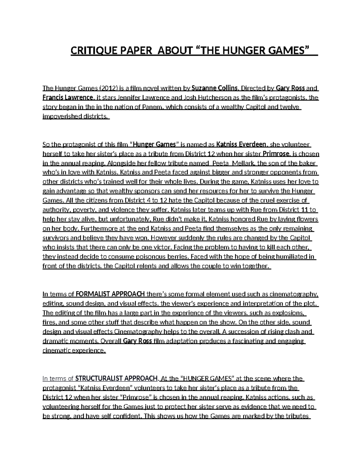 Critique Paper on "The Hunger Games": A Comprehensive Analysis - Studocu