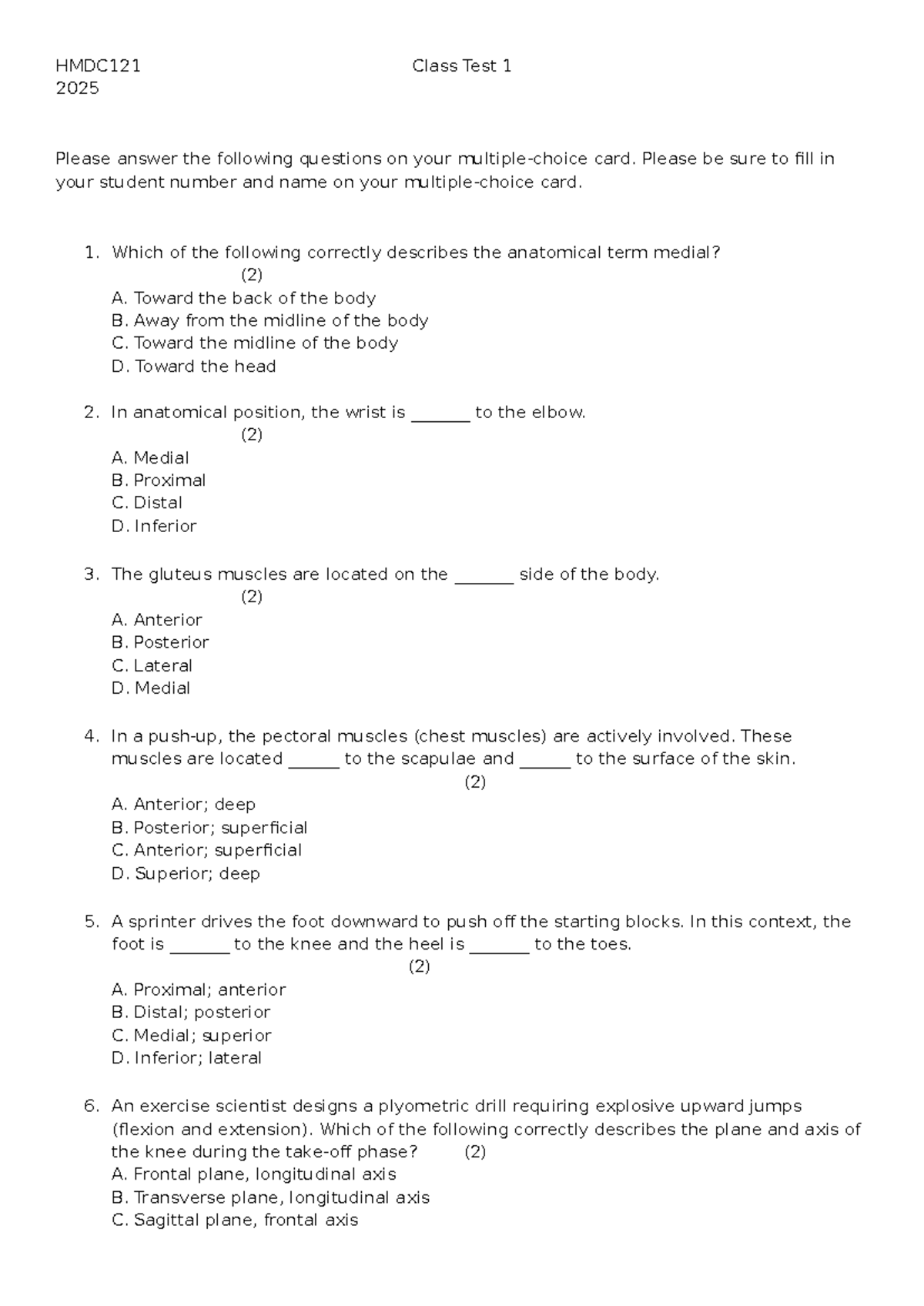 HMDC121 2025 Class Test 1: Anatomy and Movement Questions - Studocu