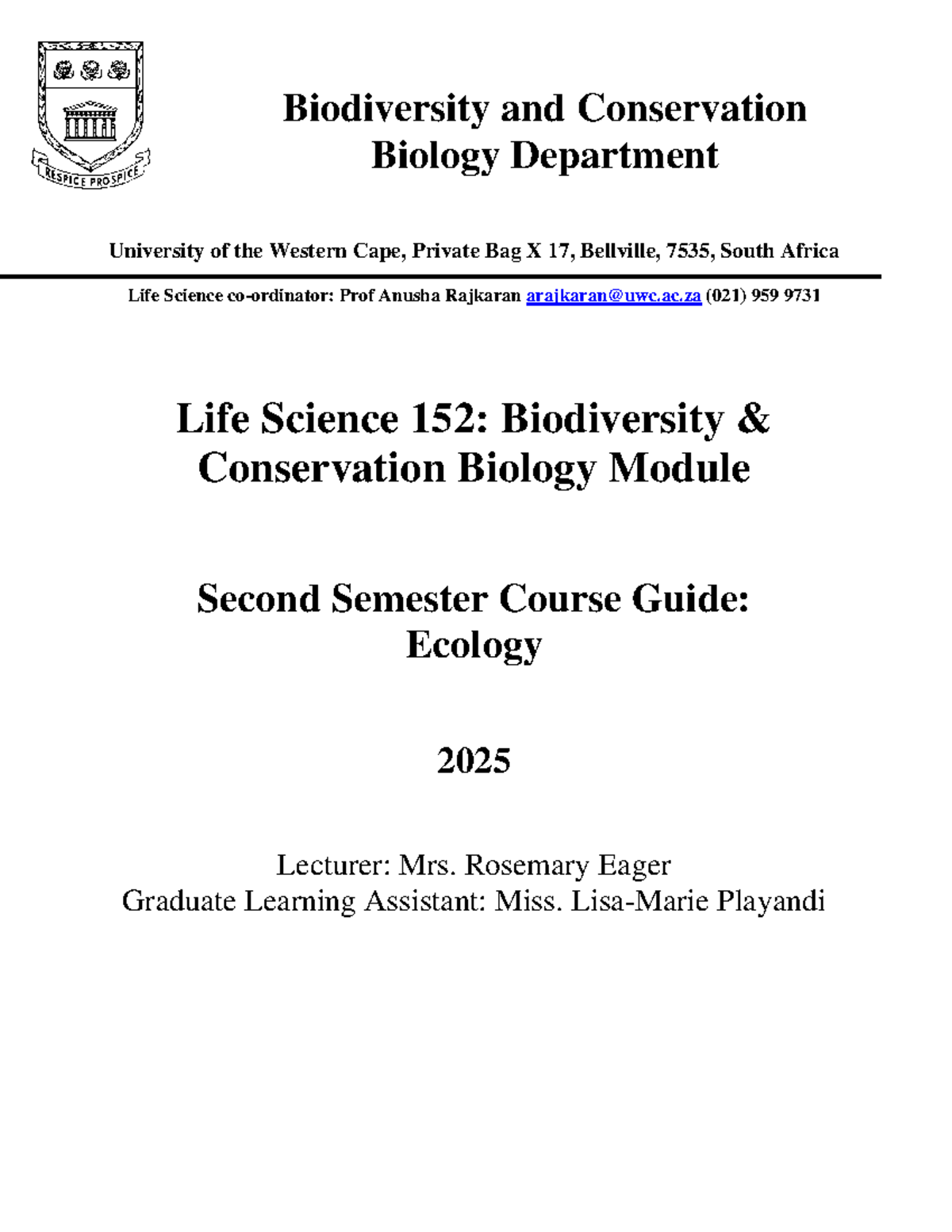 LFS 152: Biodiversity & Conservation Biology Course Guide for Semester ...