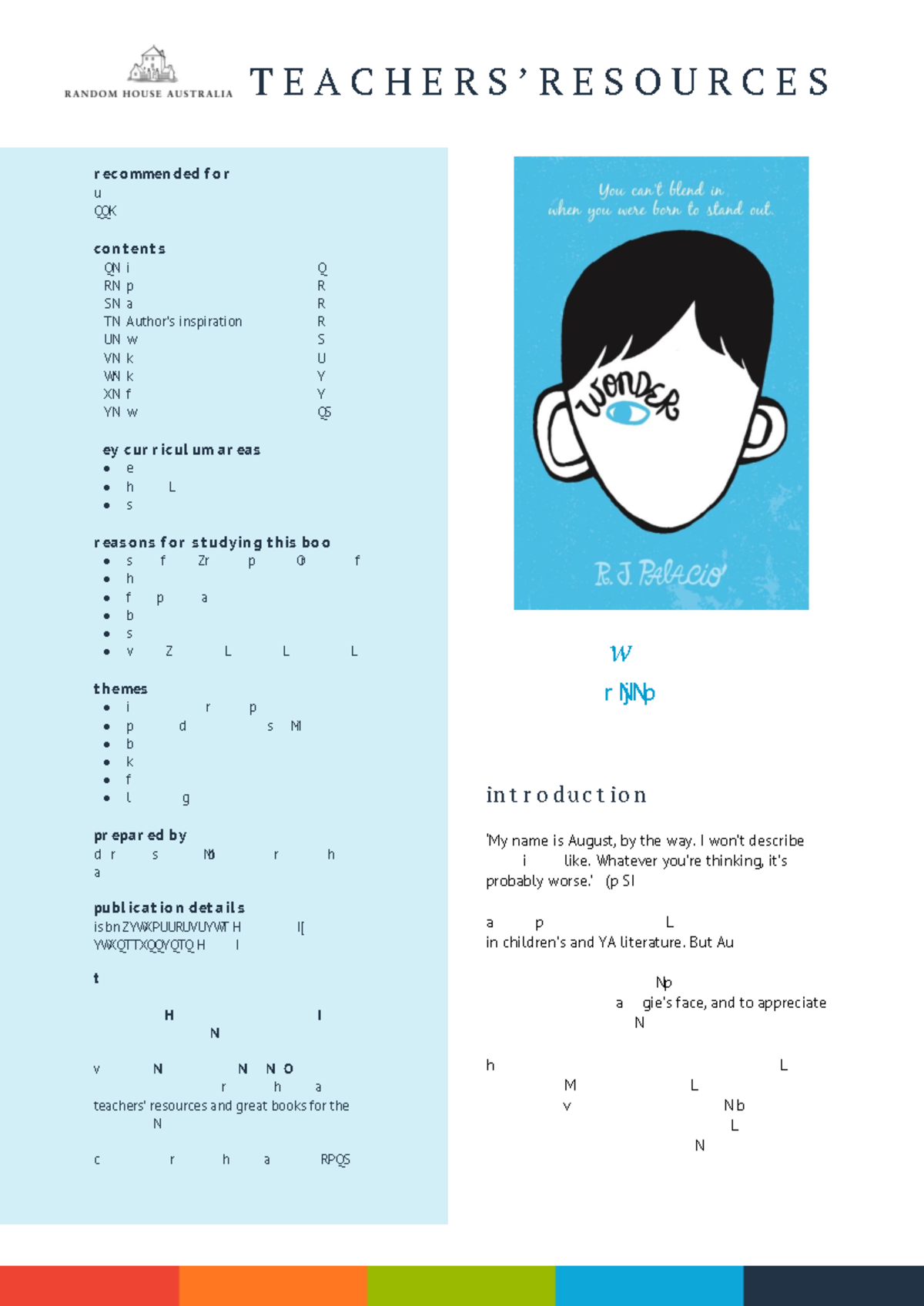 Wonder (R.J. Palacio) - Teacher's Guide for Upper Primary & Secondary ...