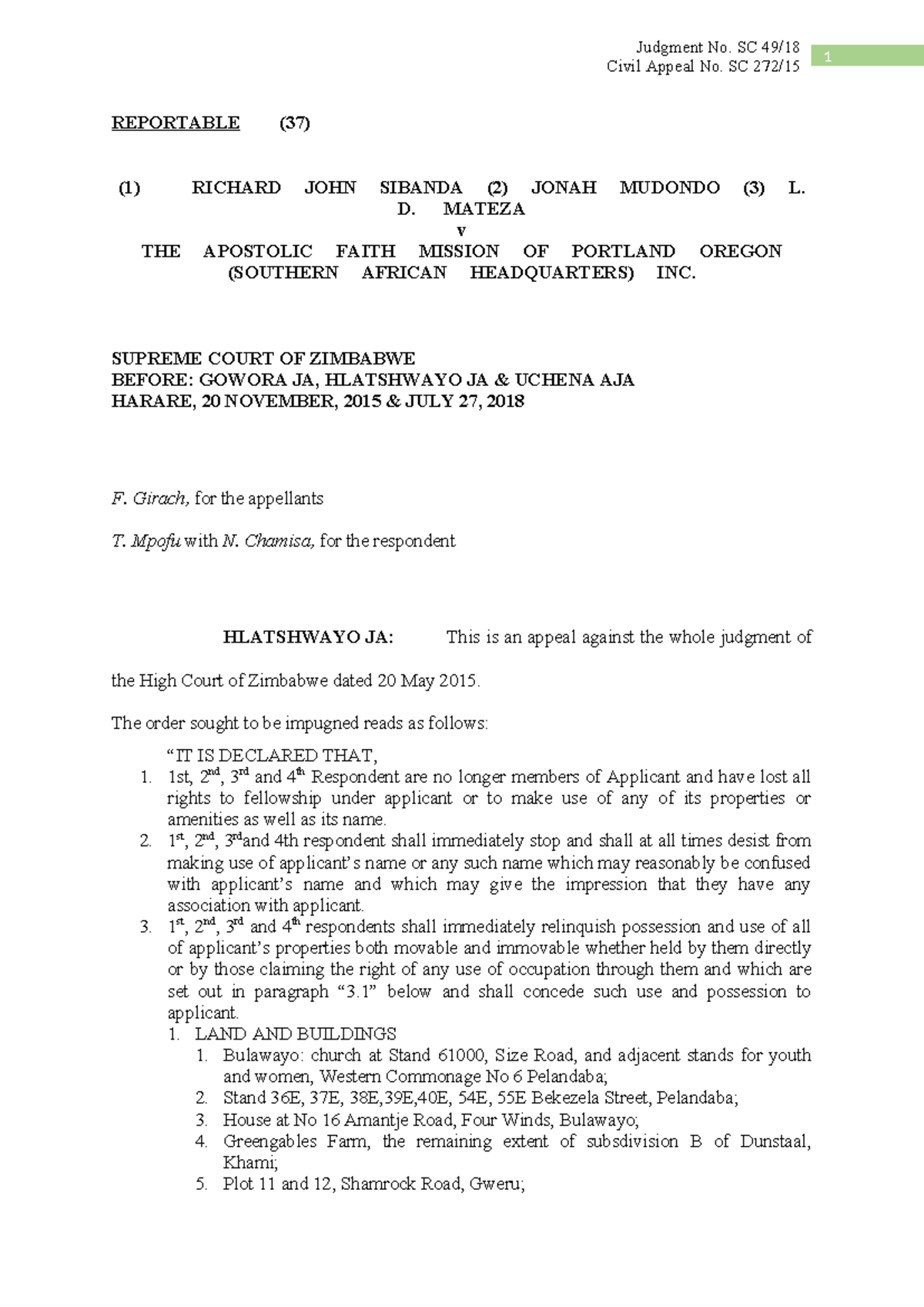 Civil Appeal SC 272/2015: Sibanda & Others v Apostolic Faith Mission ...