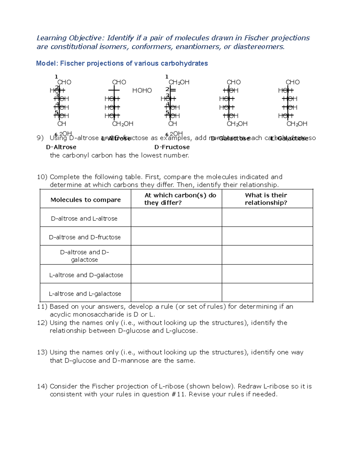 Fischer Projections Activity: Identifying Isomers & Relationships AR ...