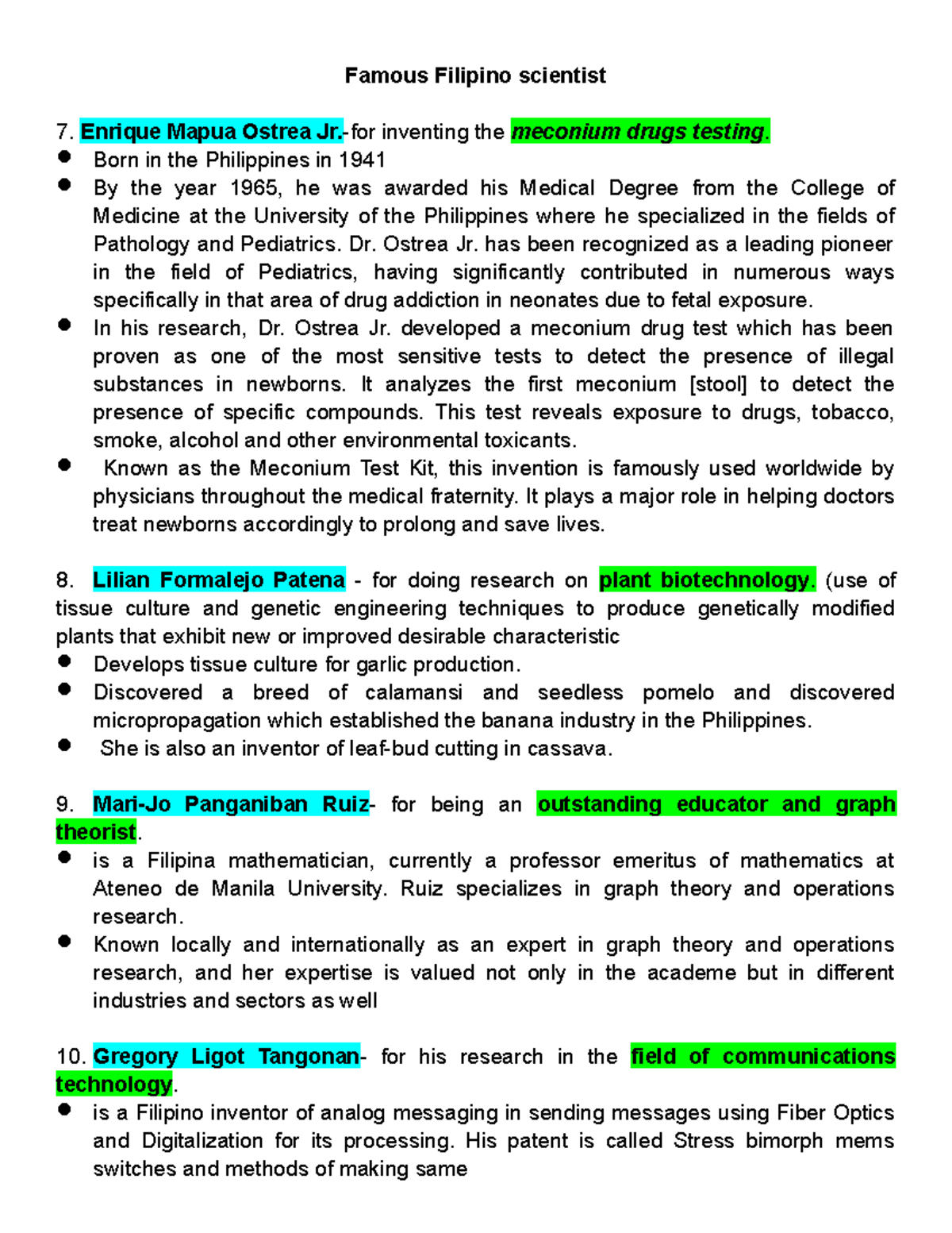 Famous filipino scientist - Enrique Mapua Ostrea Jr.-for inventing the ...