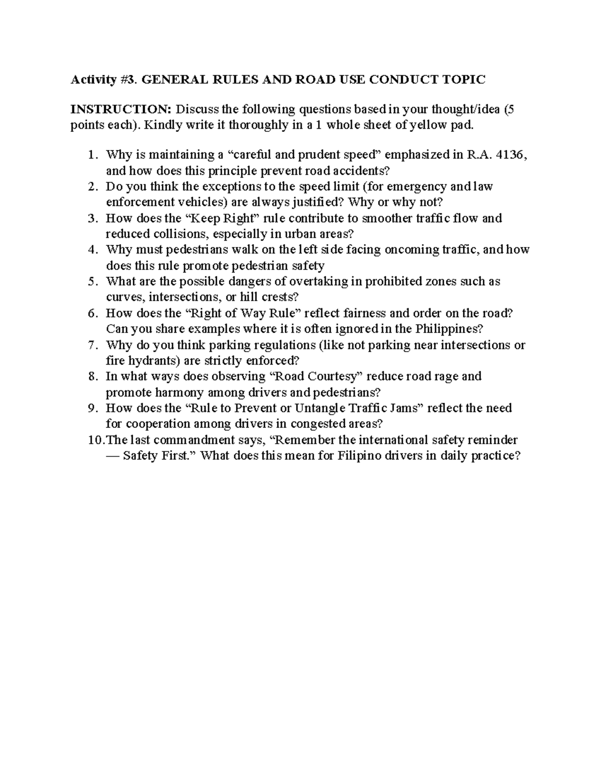 Learning Activities: General Rules & Road Use Conduct (Midterm) - Studocu