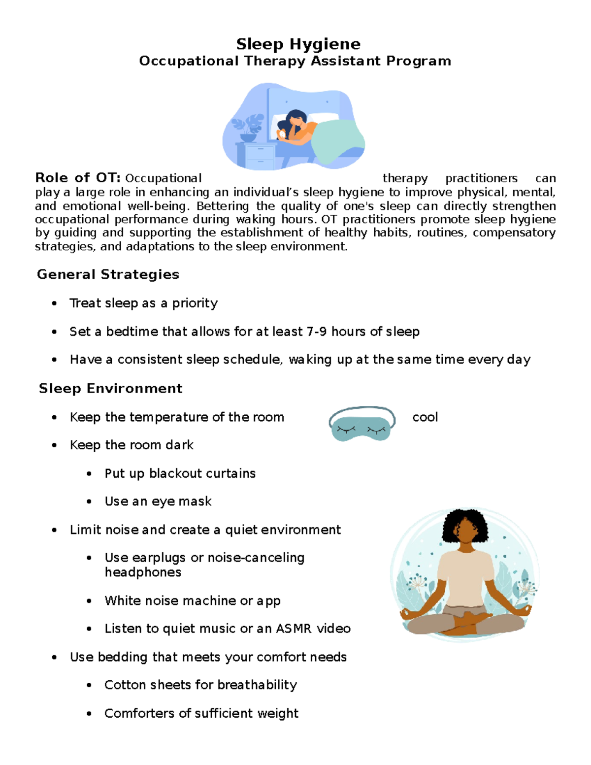 Sleep Hygiene Handout - Sleep Hygiene Occupational Therapy Assistant ...