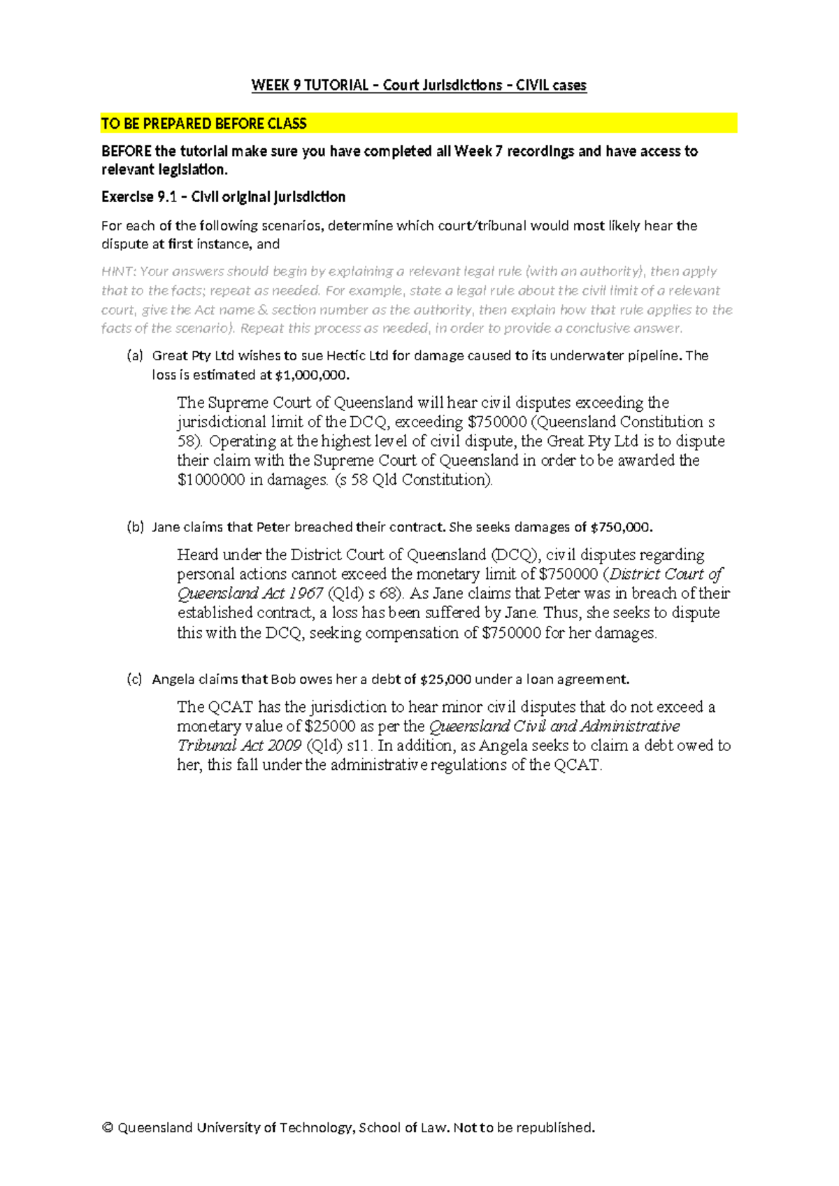 Week 9 Tutorial: Court Jurisdictions in Civil Cases (LAW101) - Studocu