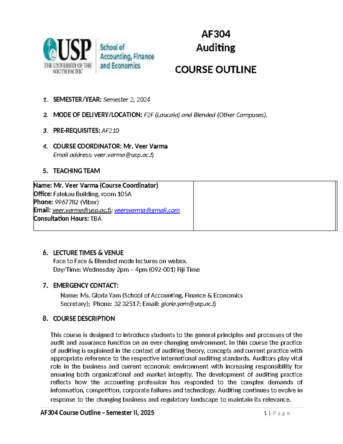 AF304 Auditing Course Outline for Semester II, 2025 - Studocu