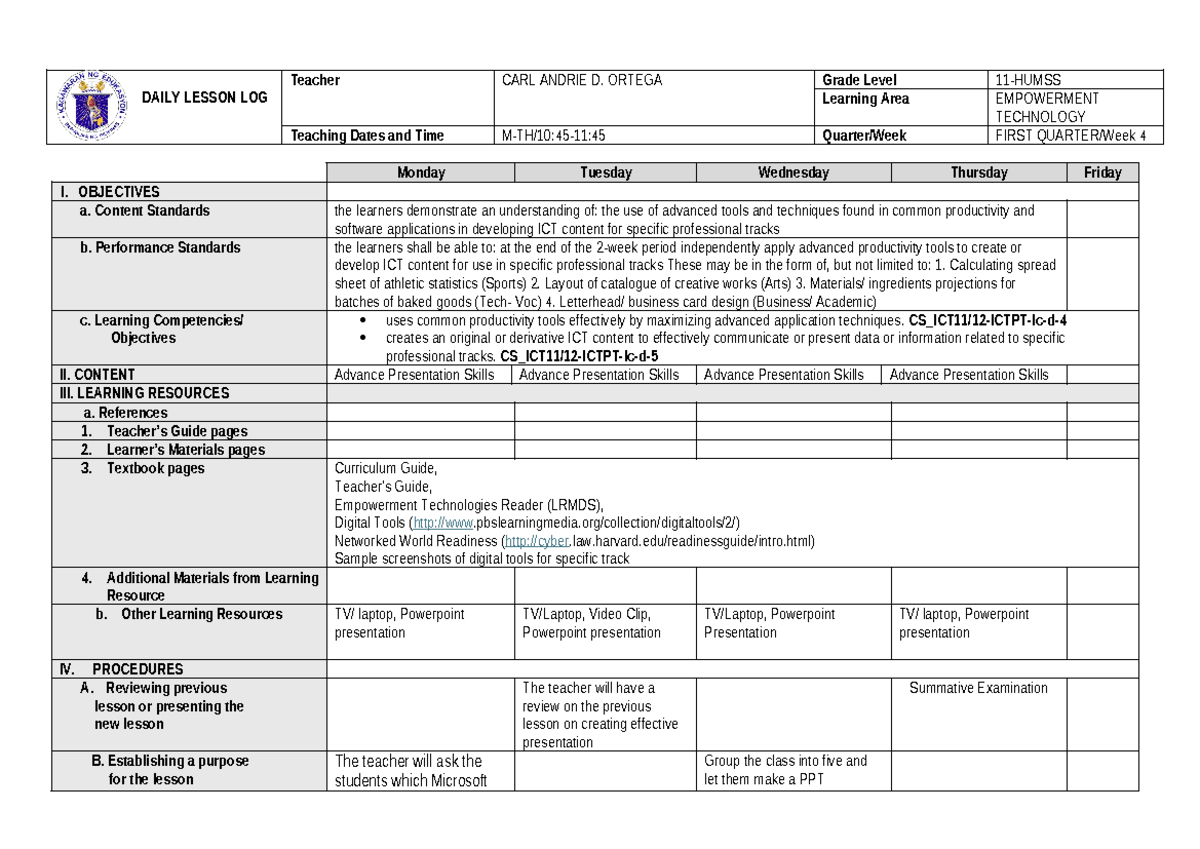 Q1w4-emtech dll - dll - DAILY LESSON LOG Teacher CARL ANDRIE D. ORTEGA ...