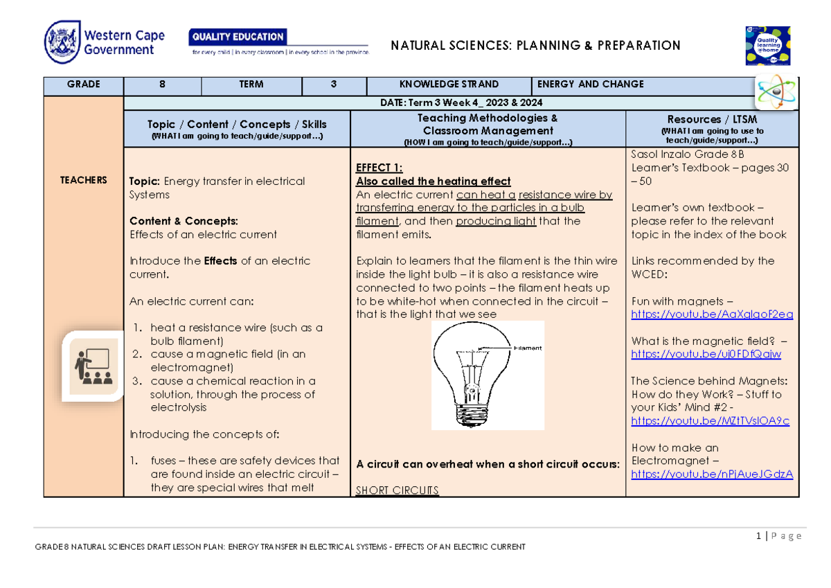GRADE 8 NATURAL SCIENCES: LESSON PLAN ON ENERGY TRANSFER & CURRENT ...