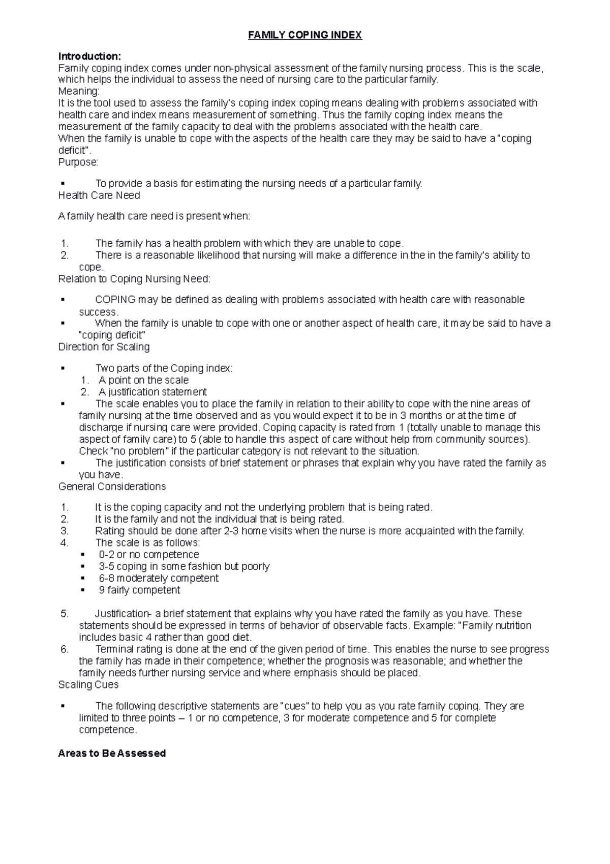 Family Coping Index: Community-Based Assessment Case Study - Studocu
