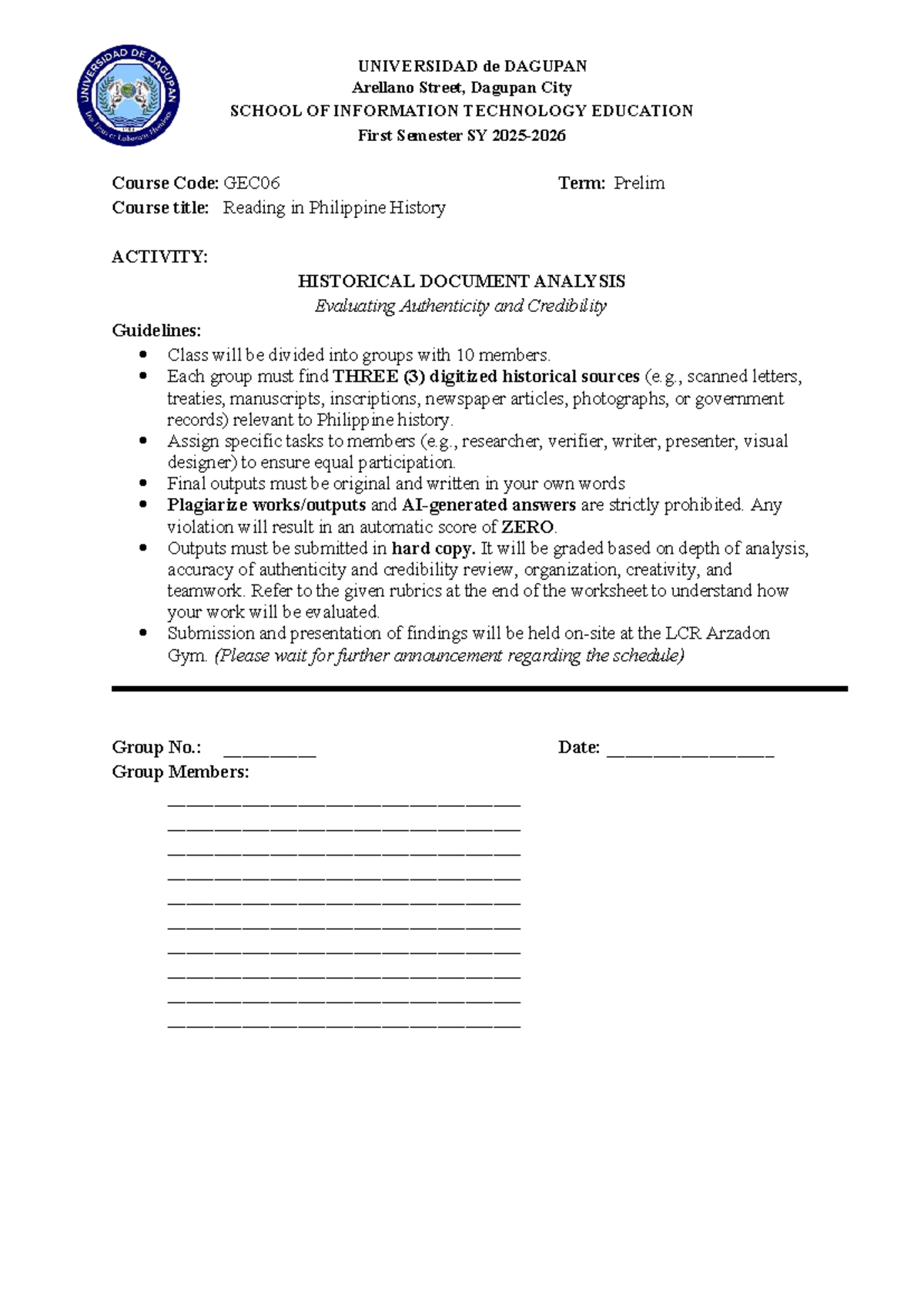 GEC06 Historical Document Analysis Worksheet: Prelim Activity - Studocu