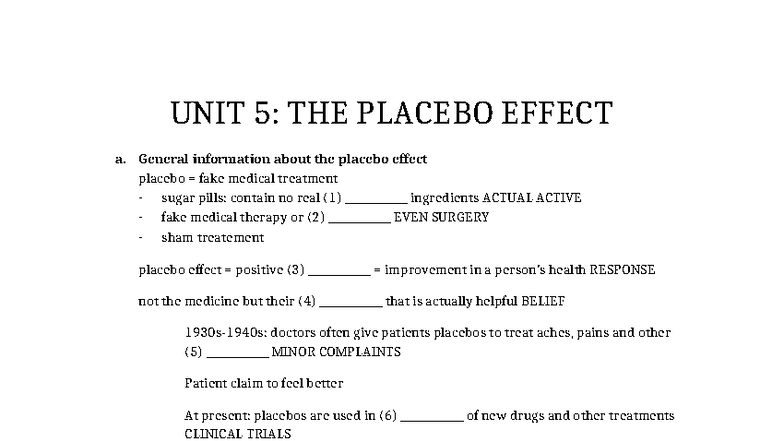 Unit 5: Understanding the Placebo Effect in Clinical Trials - Studocu