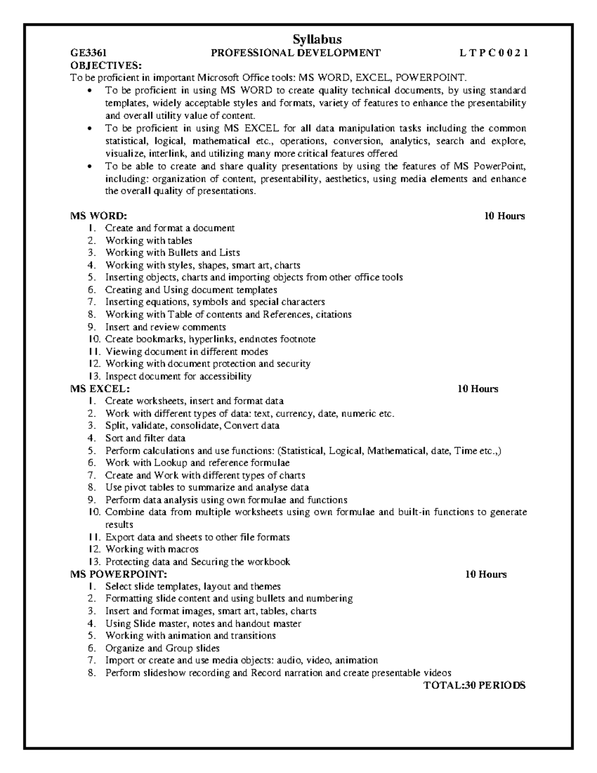GE3361 Professional Development Syllabus: MS Office Skills Training ...