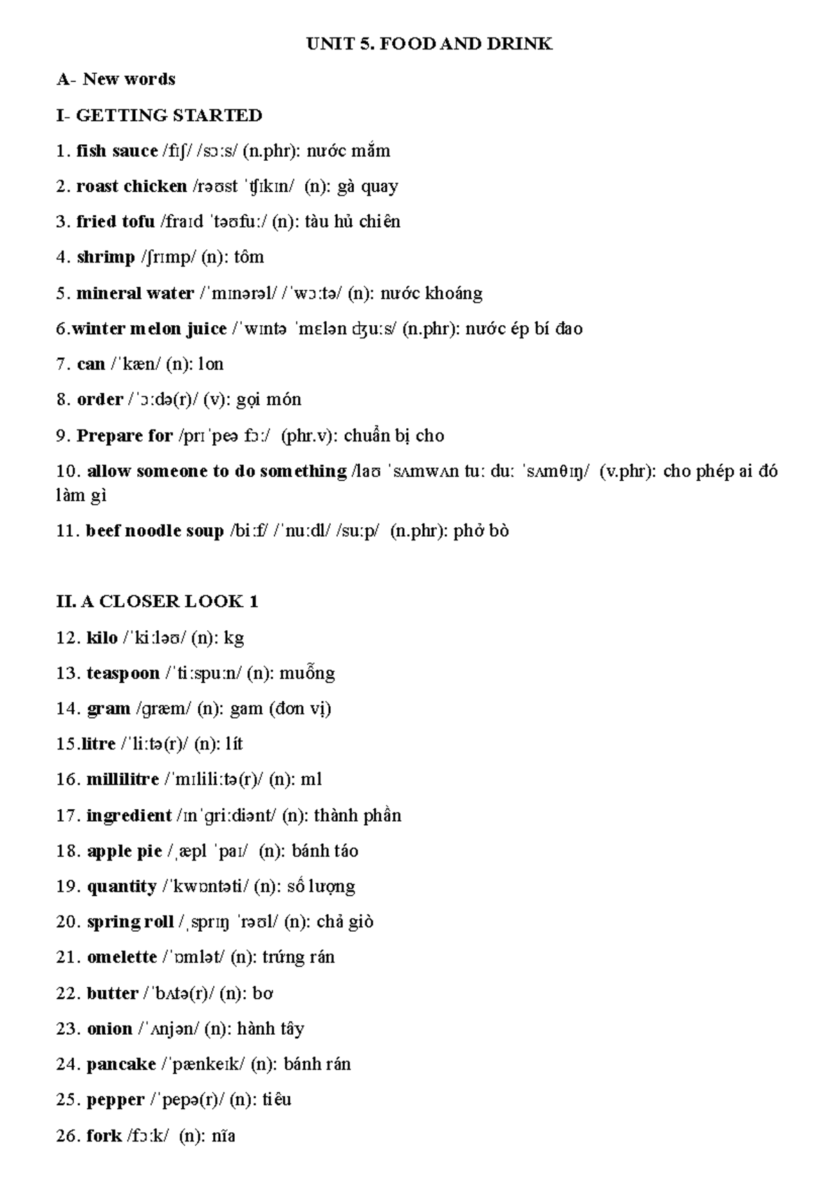 UNIT 5: FOOD AND DRINK Vocabulary and Key Terms - Studocu