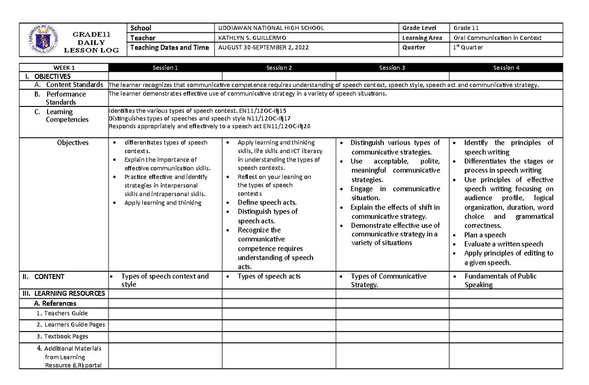 Dll-in-oral-com-wk-2 compress - GRADE DAILY LESSON LOG School UDDIAWAN ...