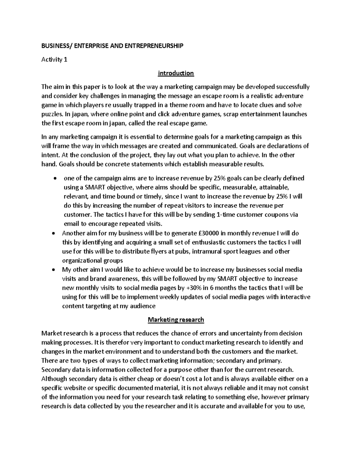 2 - unit 2 btec business level 3 assignment - BUSINESS/ ENTERPRISE AND ...