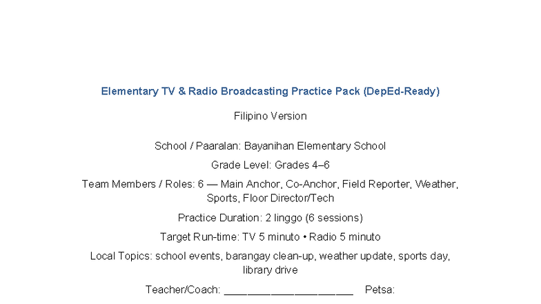 Elementary TV & Radio Broadcasting Practice Pack (DepEd-Ready) - Studocu