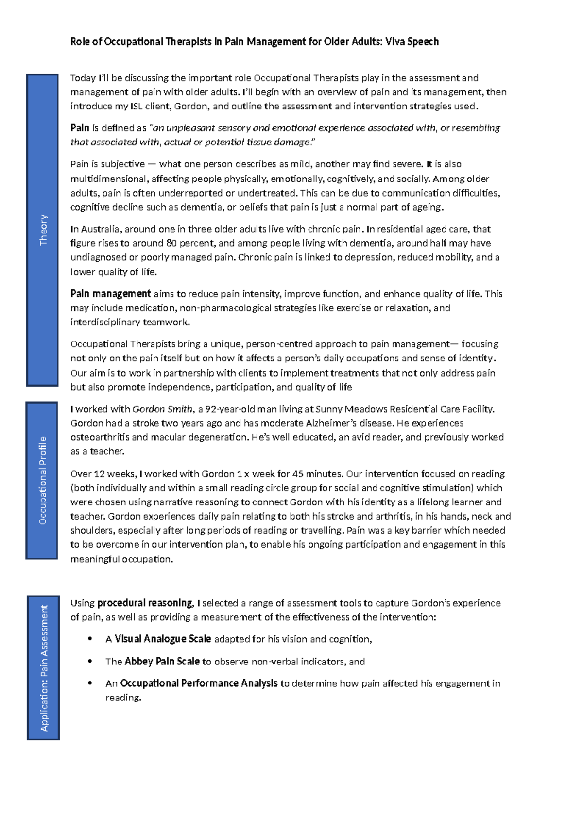 OT Role in Pain Management for Older Adults: Viva Speech - Studocu