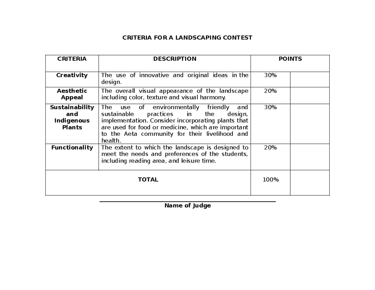Criteria FOR A Landscaping Contest - CRITERIA FOR A LANDSCAPING CONTEST ...