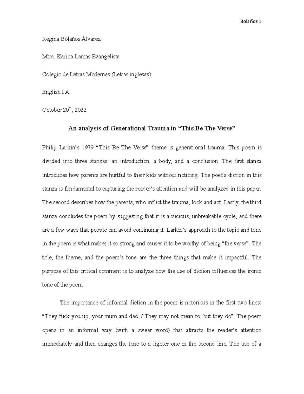 Critical comment of "This Be The Verse" by Phillip Larkin - Bolaños 1 ...